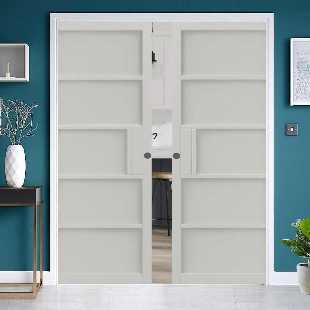 5P Metro White Industrial Style Double Pocket Door Set – Emerald Doors