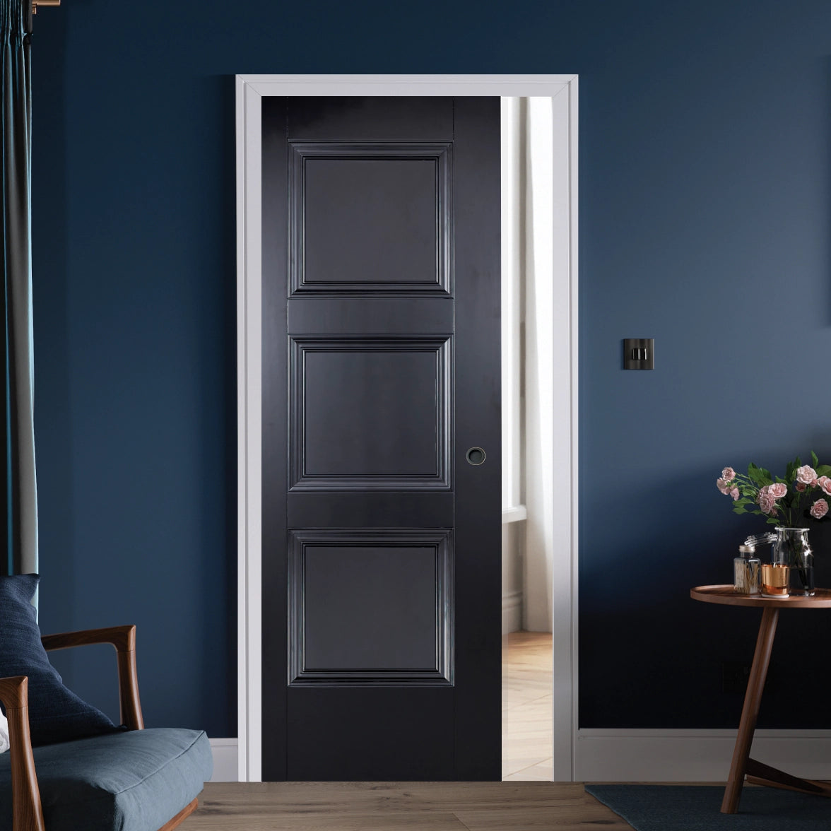 Amsterdam 3 Panel Black Pocket Door Set – Emerald Doors