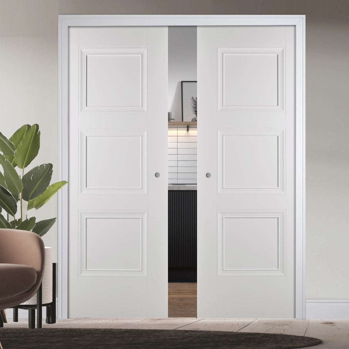 Amsterdam 3 Panel White Double Pocket Door Set – Emerald Doors