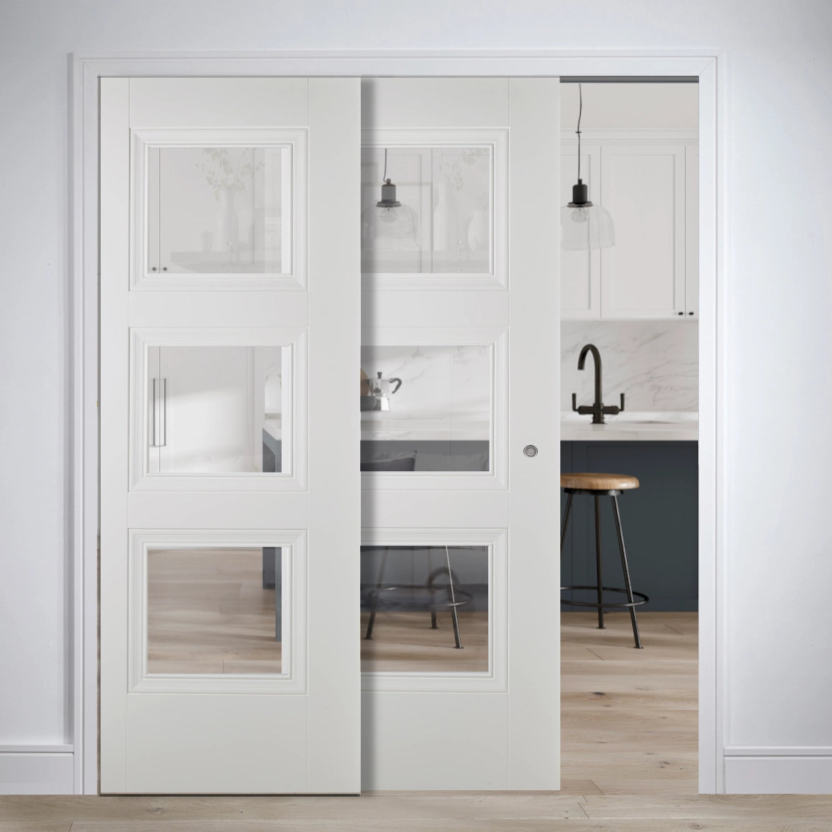 Amsterdam 3L White Glazed Telescopic Pocket Door System – Emerald Doors