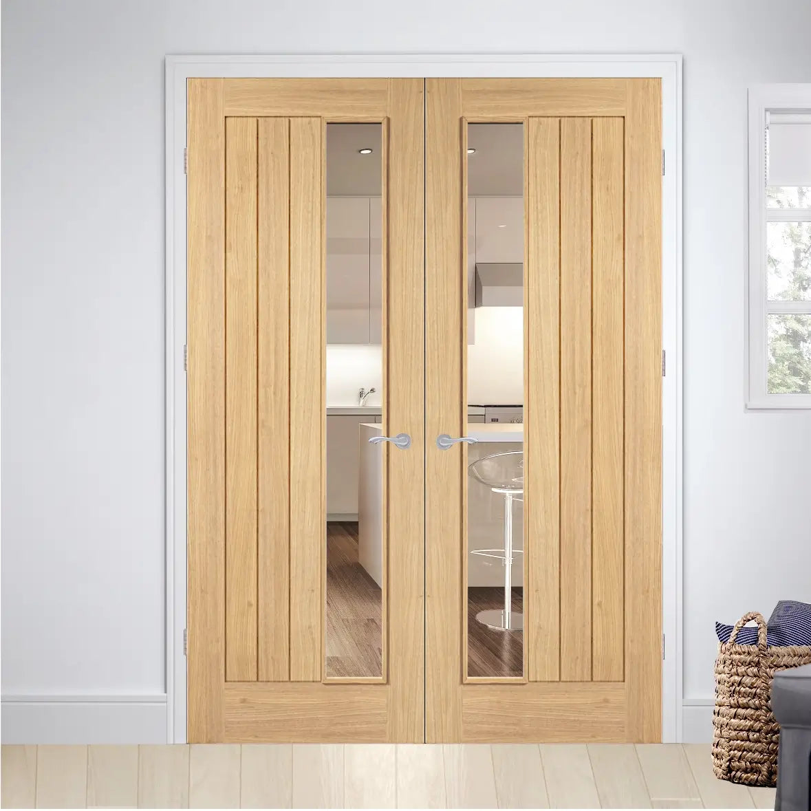 Belize Oak Clear Offset Glazed Door Pair – Emerald Doors