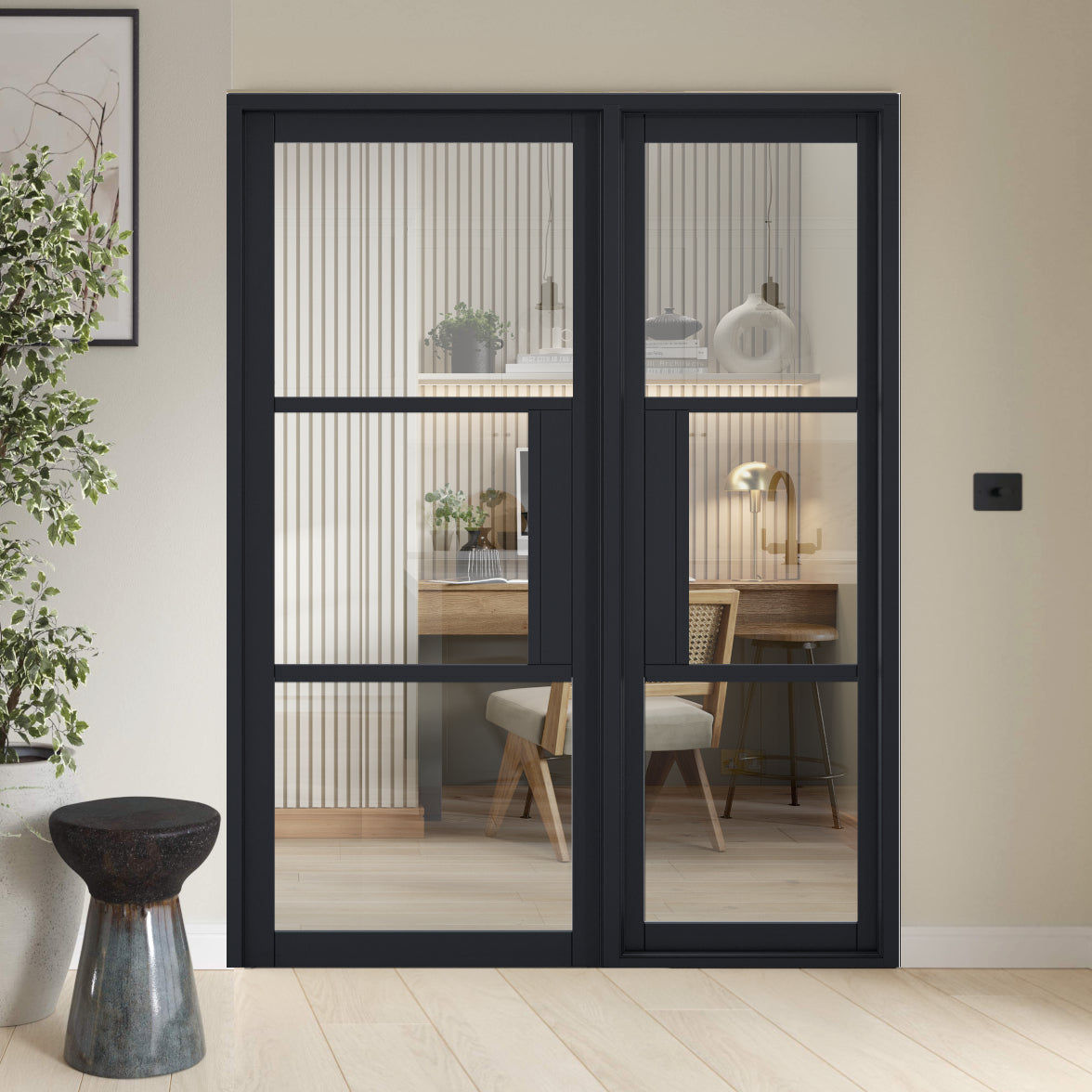 Black Tribeca Clear Glazed Door with Fixed Lock Block Panel – Emerald Doors