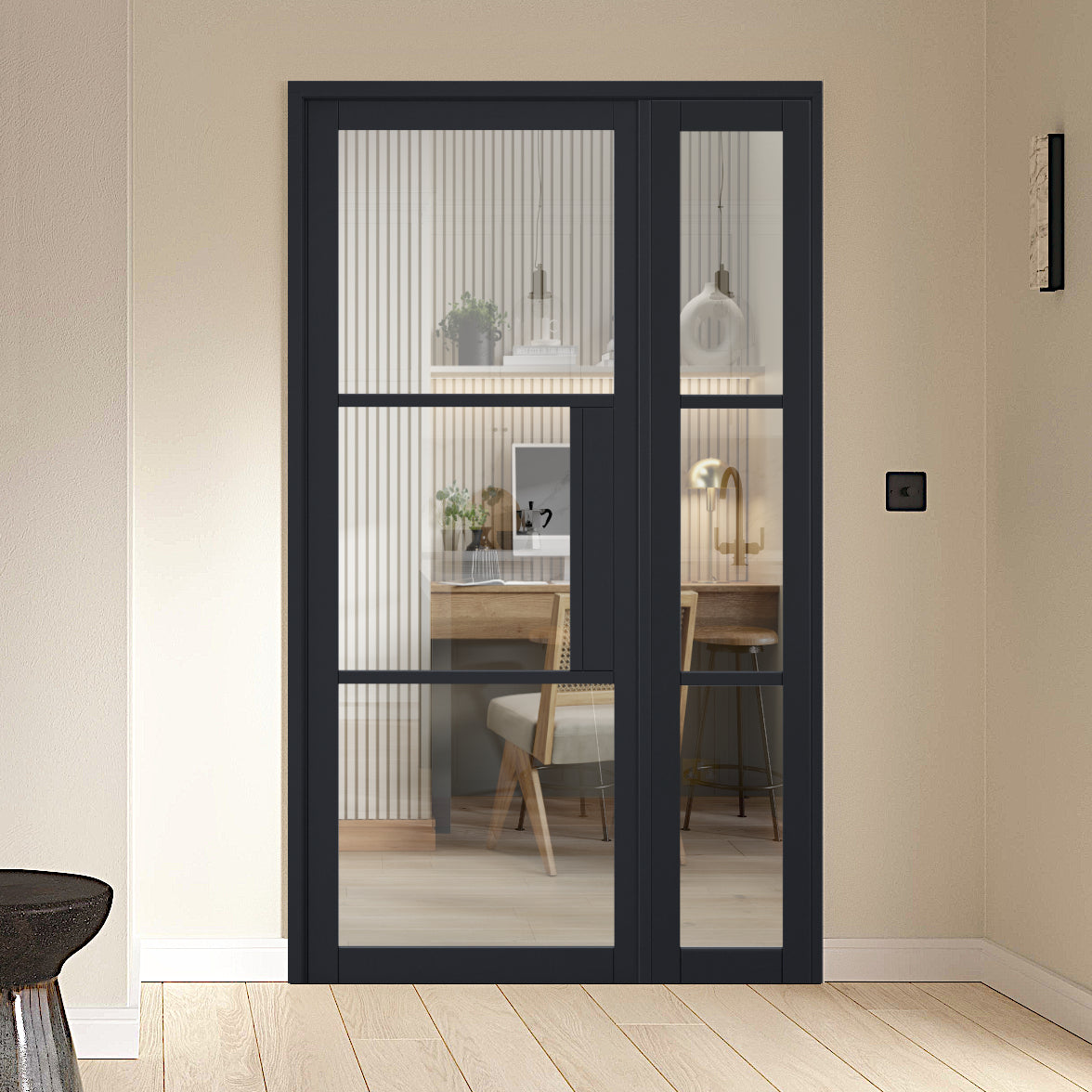 Black Tribeca Clear Glazed Offset French Doors with Demi Panel ...