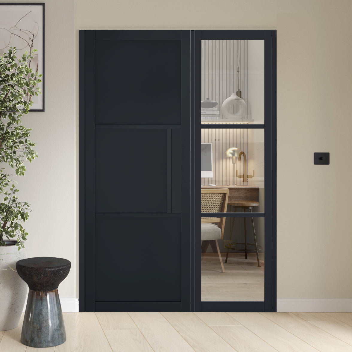 Black Tribeca 3 Panel Offset French Doors with Side Panel – Emerald Doors