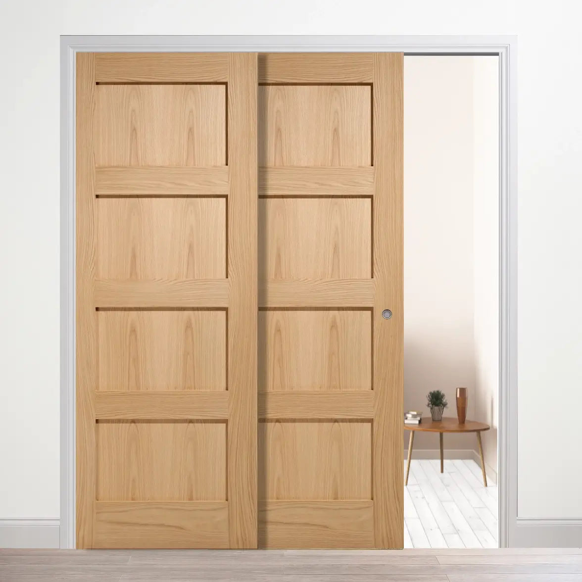 Contemporary 4 Panel Oak Telescopic Pocket Door System – Emerald Doors