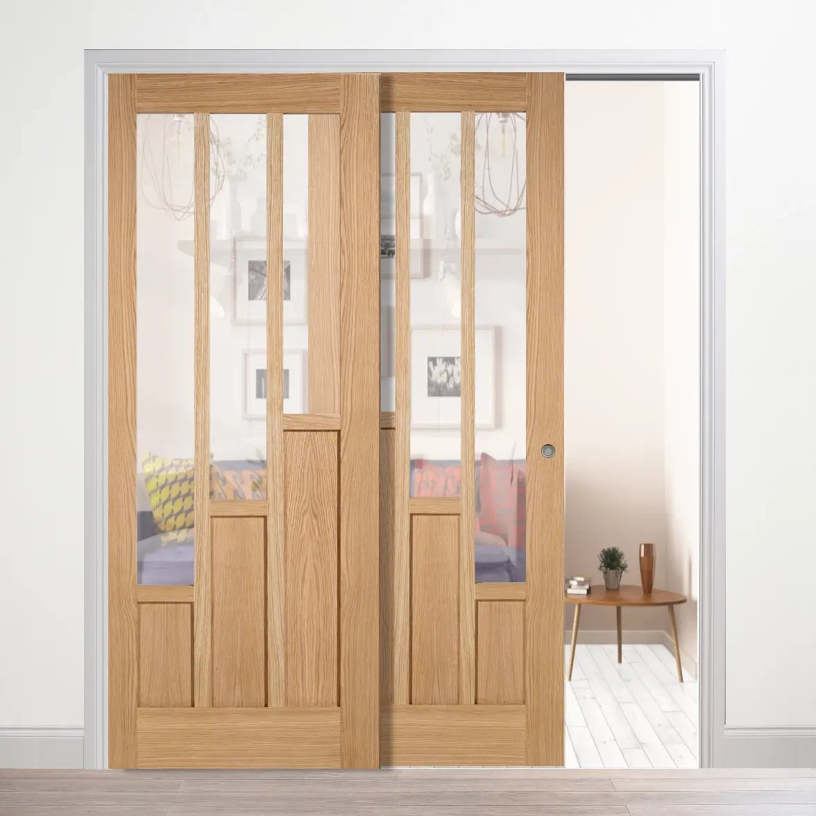 Coventry Glazed Oak Telescopic Door System – Emerald Doors
