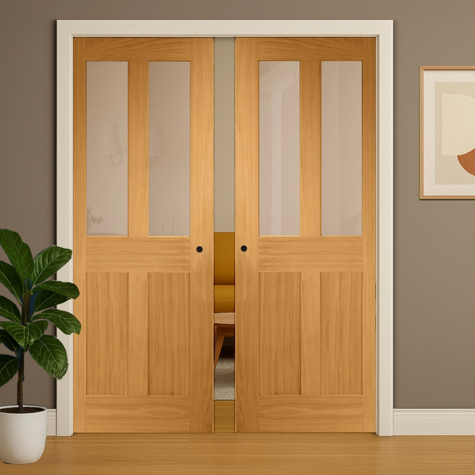 London Oak Clear Glazed Fully Finished Double Pocket Door Set – Emerald ...