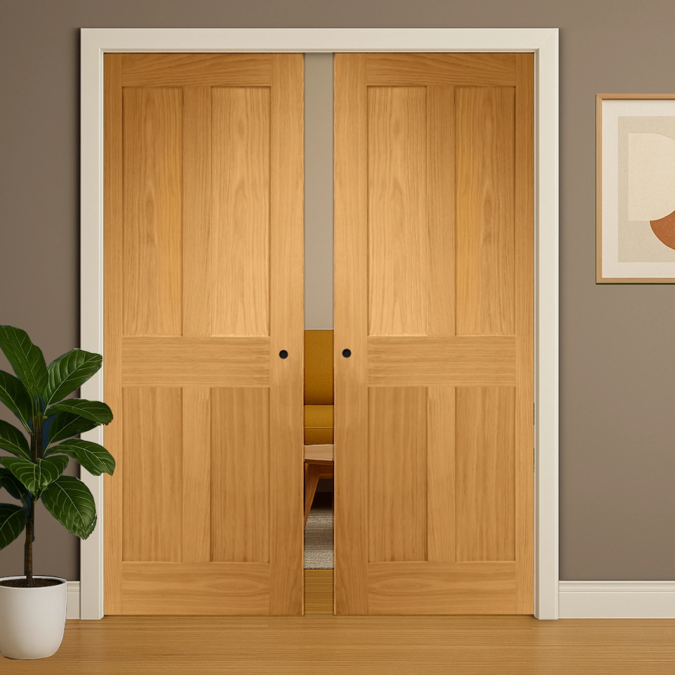 London Oak Fully Finished Double Pocket Door Set – Emerald Doors