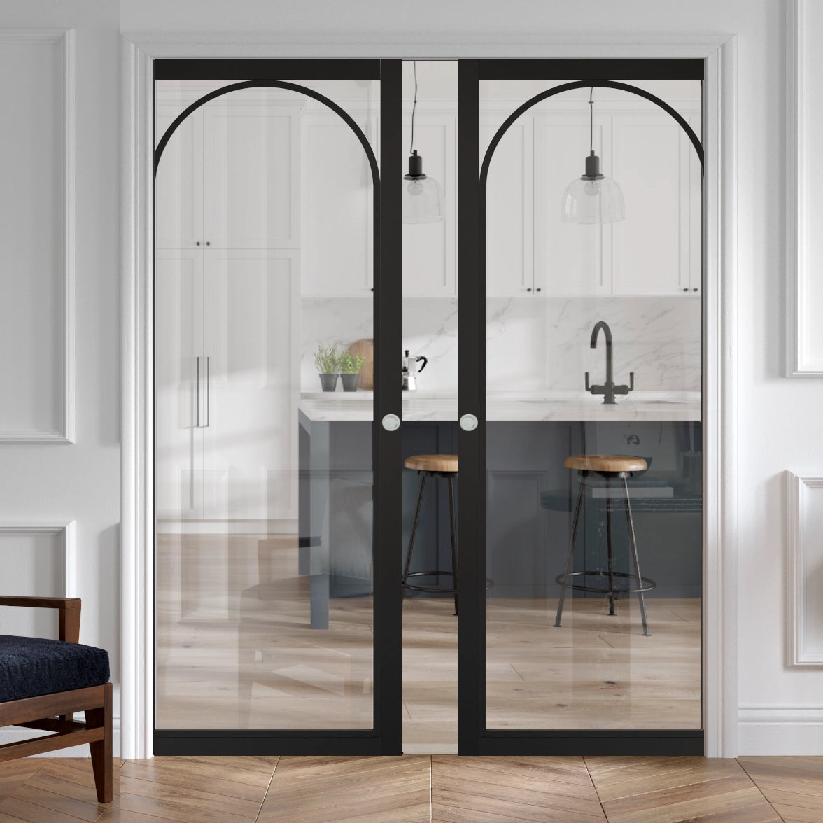 Melrose Black Clear Glazed Arched Double Pocket Door System – Emerald Doors