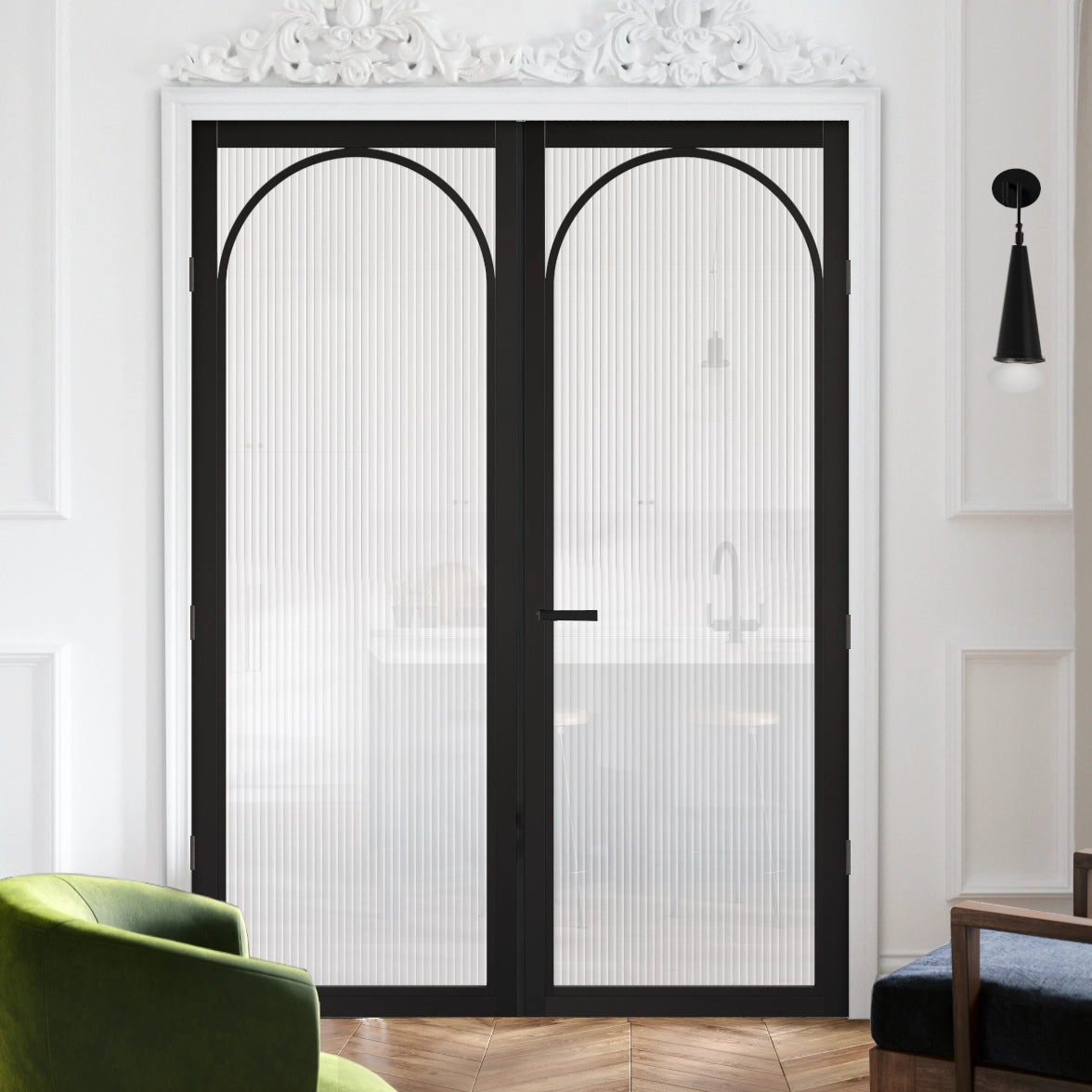 Melrose Black Reeded Glazed Arched Door Pair – Emerald Doors