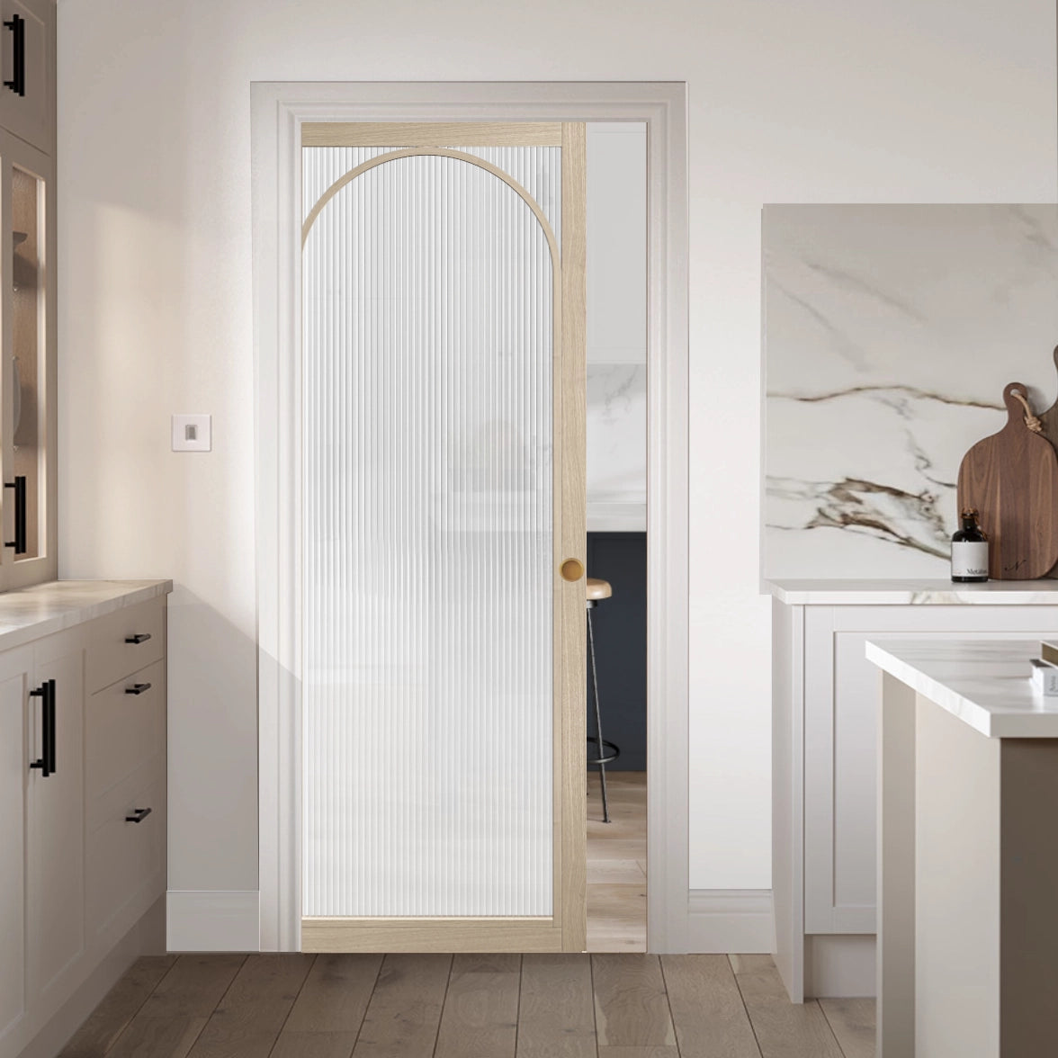 Blonde Oak Melrose Reeded Glazed Arched Pocket Door System – Emerald Doors