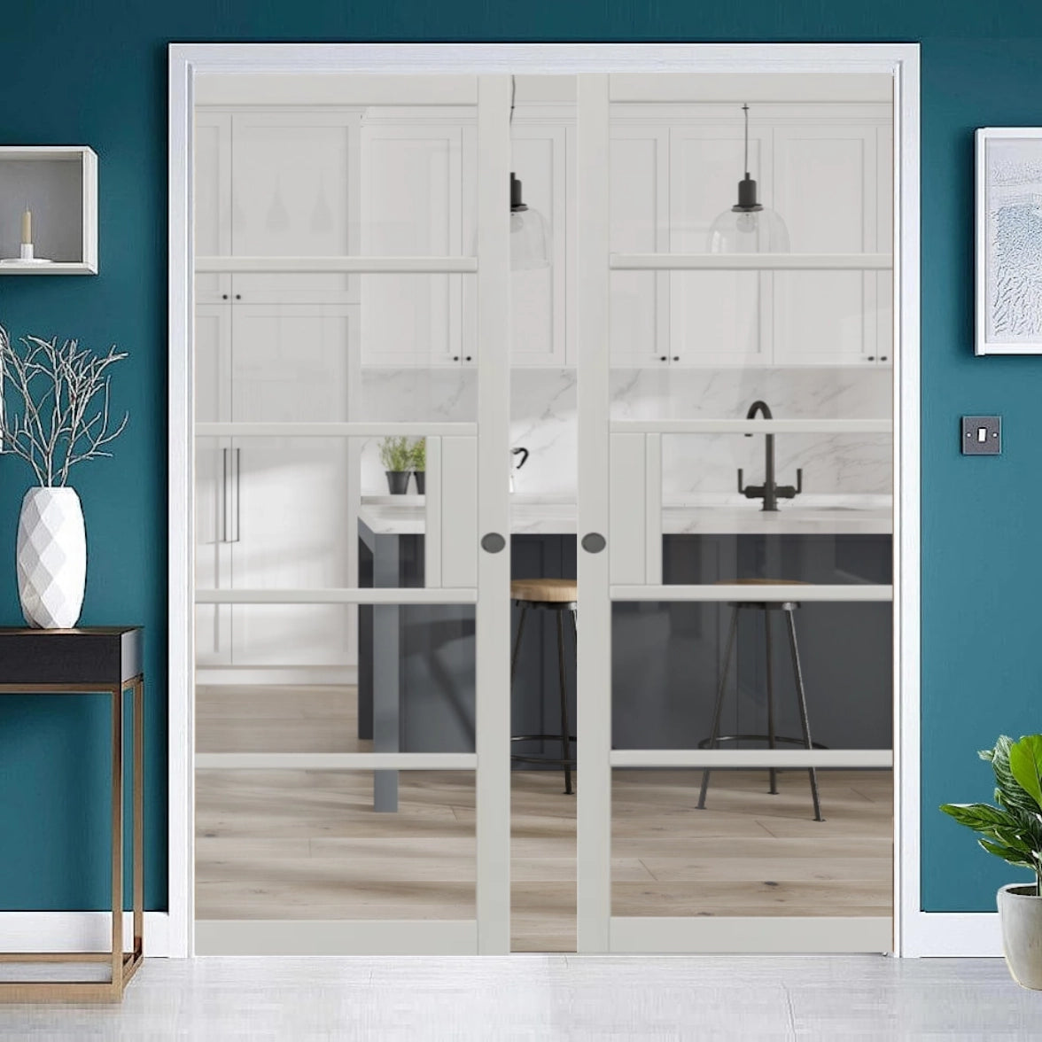 5L Metro White Glazed Industrial Style Double Pocket Door Set – Emerald ...