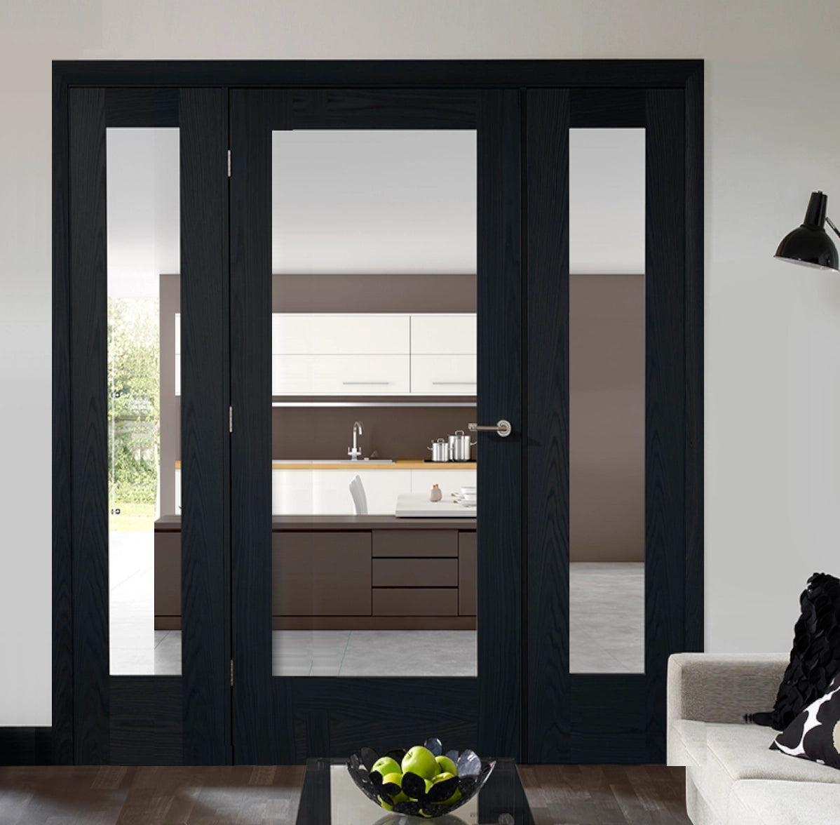 Pattern 10 Clear Glazed Brushed Black Oak Room Divider with Demi Panel ...
