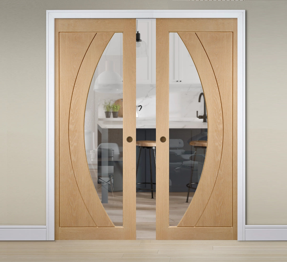 Salerno Oak Clear Glazed Double Pocket Door System – Emerald Doors