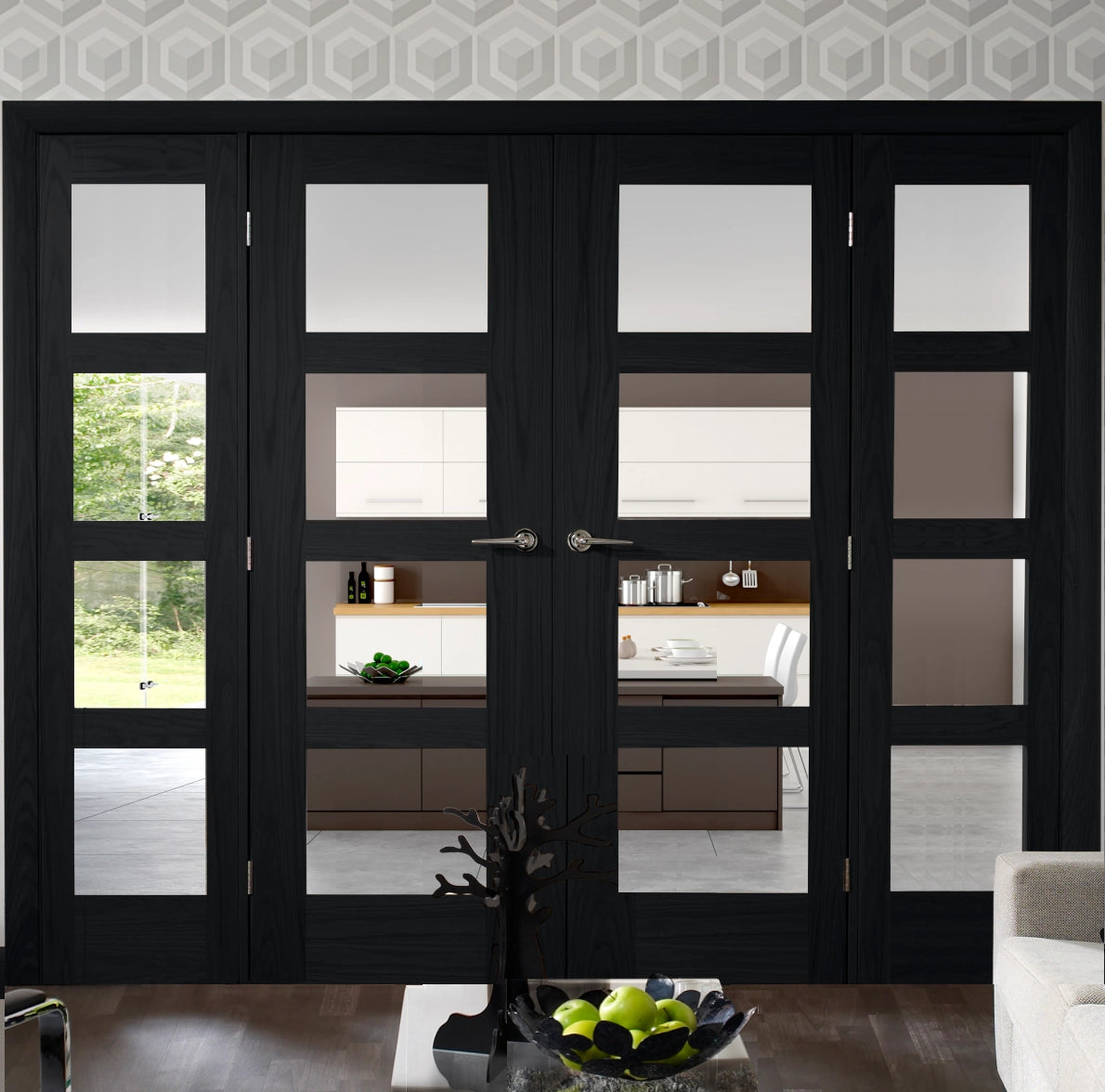 Shaker Clear Glazed Brushed Black Oak French Doors with Side Panels ...