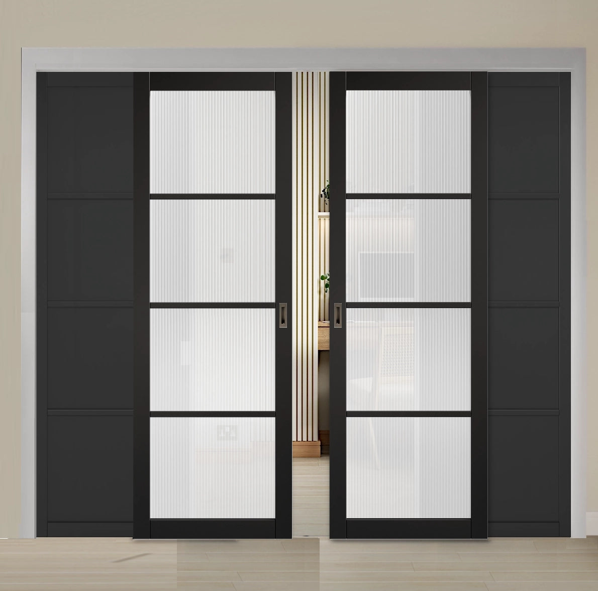 Soho Black Reeded Glazed Sliding French Doors with Fixed Panel ...