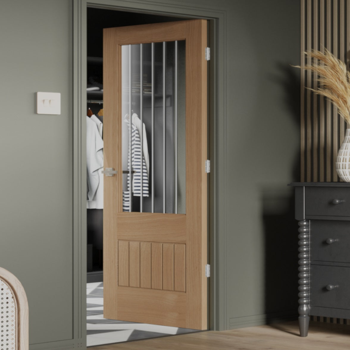 Suffolk Essential Oak 2XG Internal Door with Clear Etched Glass Fully ...