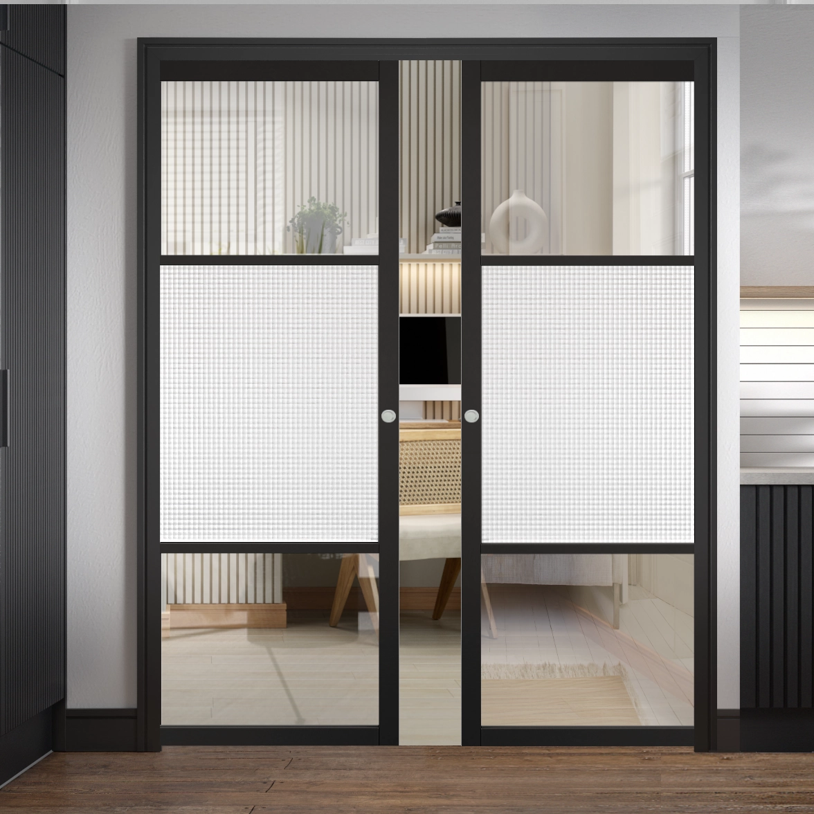 Sutton Black Reeded Glazed Double Pocket Door System – Emerald Doors