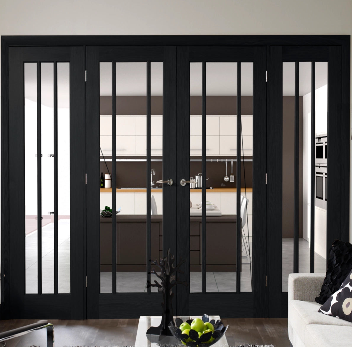 Worcester Clear Glazed Brushed Black Oak French Doors with Side Panels ...